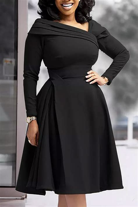 Xpluswear Plus Size Black Work A Line Long Sleeve Midi Dress Long