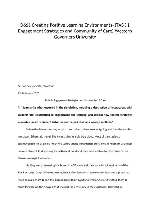 D661 Creating Positive Learning Environmentstask 1 Engagement Strategies And Community Of Care