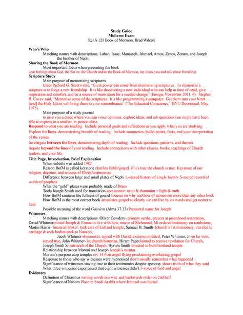 Study Guide For Midterm Study Guide Midterm Exam Rel A Book Of Mormon Brad Wilcox Who
