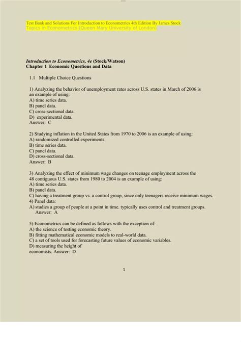Test Bank And Solutions For Introduction To Econometrics 4th Edition By James Stock With Correct