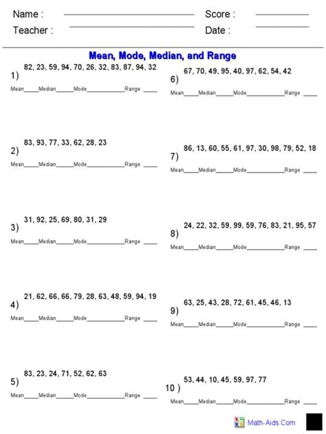 Mean Mode Median Range Worksheet Printable Pdf Template
