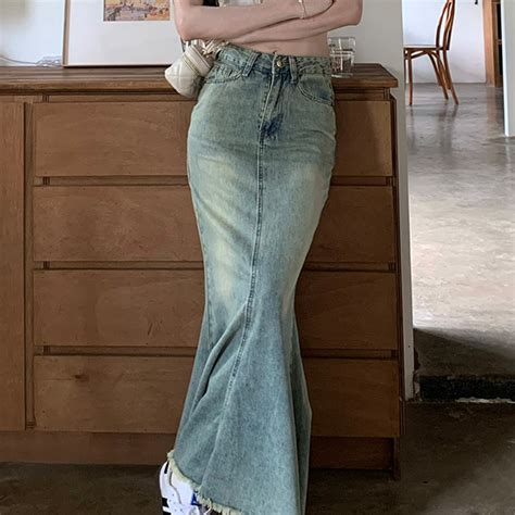 도토리땅콩 빈티지 워싱 하이웨스트 데님 롱스커트 2j111067p