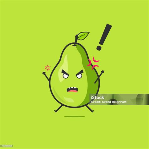 재미있는 귀여운 배 캐릭터 벡터 플랫 배 만화 캐릭터는 화가 느낌 녹색 배경에 격리 배 과일 컨셉 감정에 대한 스톡 벡터 아트