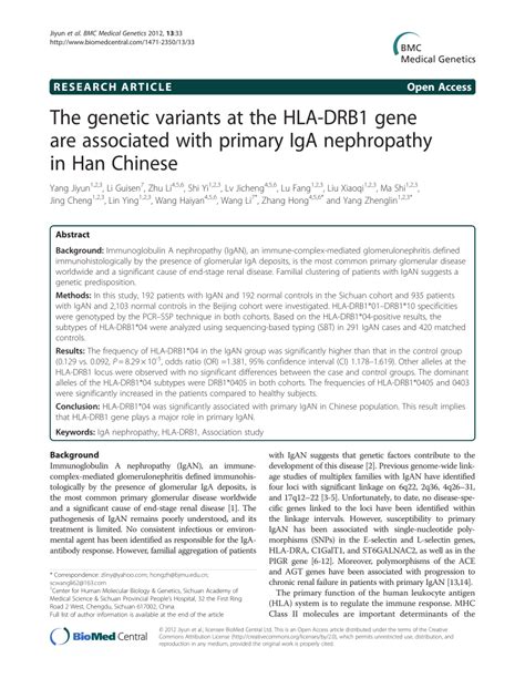 Pdf The Genetic Variants At The Hla Drb1 Gene Are Associated With Primary Iga Nephropathy In
