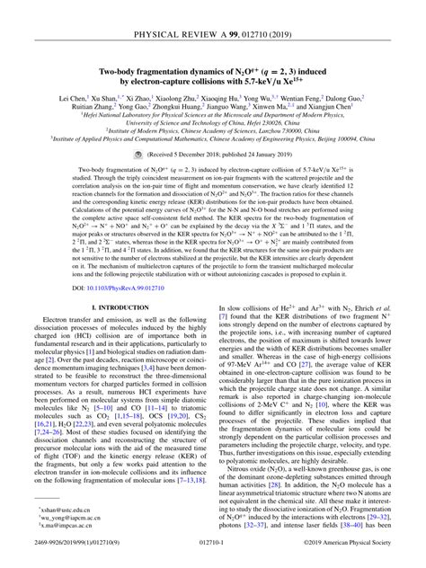 Pdf Two Body Fragmentation Dynamics Of N 2 O Q Q 2 3 Induced By Electron Capture