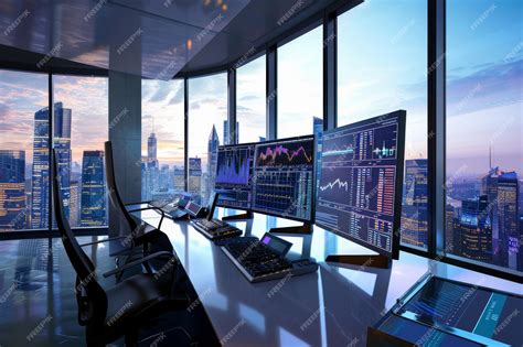 A Modern Office With Multiple Monitors Displaying Financial Graphs And
