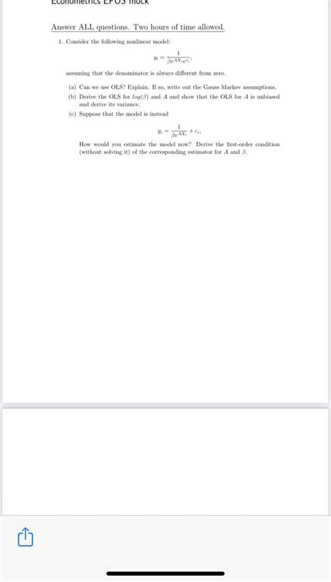 Econometrics EPOS MOCK Answer ALL Questions Two Chegg