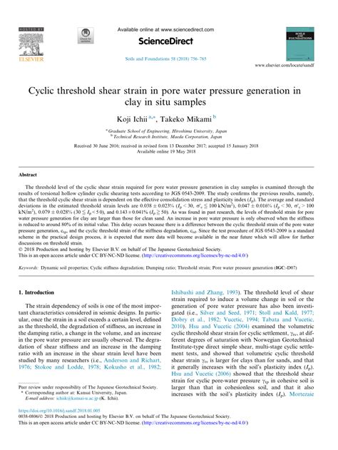 Pdf Cyclic Threshold Shear Strain In Pore Water Pressure Generation In Clay In Situ Samples