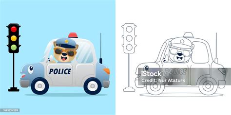 안경을 쓰고 경찰차를 운전하는 경찰 모자를 쓴 만화 재미있는 고양이의 벡터 삽화 신호등이 있는 재미있는 경찰차 어린이를 위한