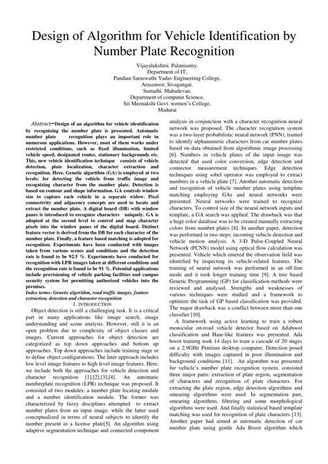 PDF Design Of Algorithm For Vehicle Identification By Number Plate Recognition
