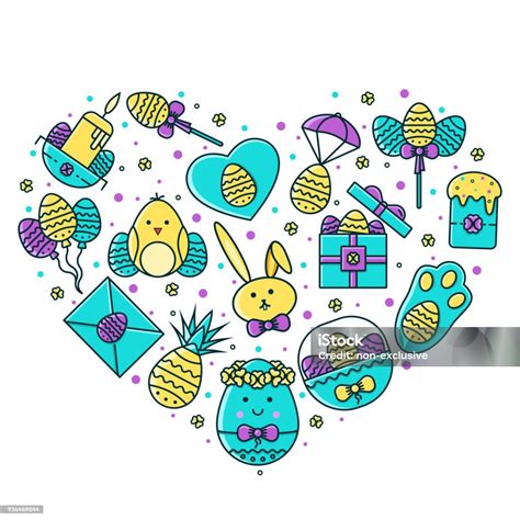 부활절 휴일 심장 모양의 평면 컬러 라인 기호 및 표시 구성 봉투 토끼 계란 바구니 치킨 카드 초대장 전단 리플릿 얇은 선형 디자인 배너에 대 한 템플릿 공휴일에 대한 스톡