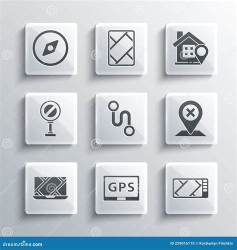 Set Gps Device With Map Location Route Location City Navigation Stop Sign Compass And House