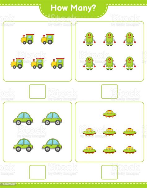 카운팅 게임 얼마나 많은 기차 로봇 캐릭터 자동차 그리고 Ufo 교육 어린이 게임 인쇄 가능한 워크 시트 벡터 일러스트 레이 션 0명에 대한 스톡 벡터 아트 및 기타 이미지