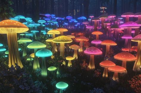 Vibrant Bioluminescent Mushrooms Illuminate A Mystical Forest Pathway