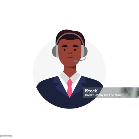 콜 센터에서 아프리카 계 미국인 남자의 아바타 실시간 채팅 운영자 핫라인 운영자 헤드폰 보조 온라인 글로벌 기술 지원 24 7 벡터 플랫 일러스트레이션 고객에 대한 스톡