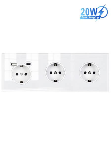 Розетка электрическая 3 поста с Usb Type C Аc Type C 20 Вт быстрой зарядки рамка 224х82мм