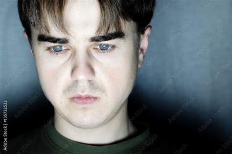 Babe Man Portrait In Dark Room At Dark Background Babe Man Working At Computer Serious