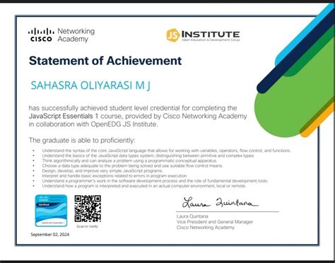 completed javascript course by cisco sahasra oliyarasi m j posted on