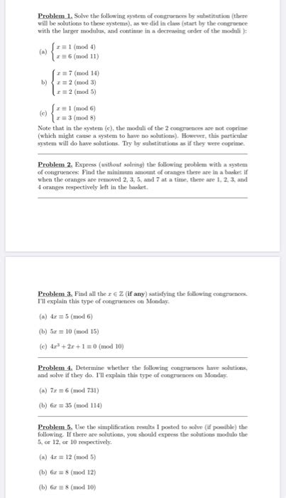 Solved Problem 1 Solve The Following System Of Congruences