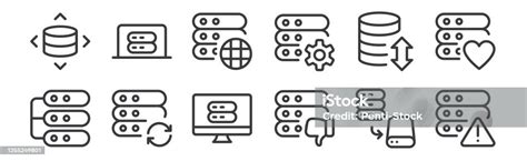 선형 작업 사무실 서버 아이콘 12세트 오류 나쁜 검토 스위치 데이터 전송 웹 사이트 웹 용 서버 모바일과 같은 얇은 개요