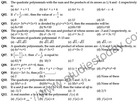 cbse class 10 mathematics polynomials mcqs multiple choice questions
