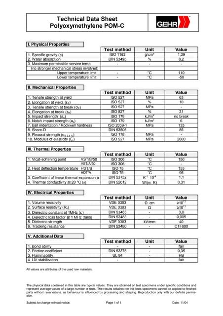 Pom Properties Data Sheet Gehr Pdf
