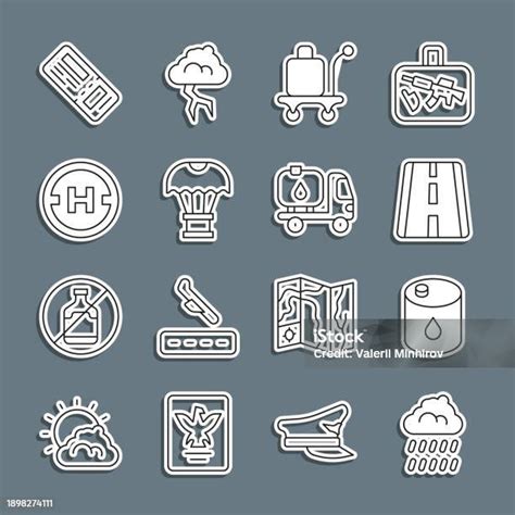 비 배럴 오일 공항 활주로 트롤리 수하물 낙하산 헬리콥터 착륙장 항공권 및 연료 유조선 트럭 아이콘에 비행 상자 구름을