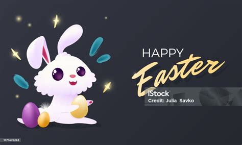 행복한 부활절 배너입니다 어두운 배경에 흰 토끼 타이포그래피 계란 별 플레어가 있는 트렌디한 부활절 디자인 0명에 대한 스톡