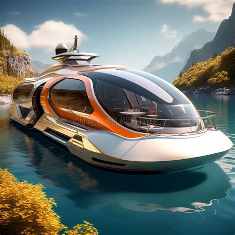 Create A Scene Of A Self Driving Tender Boat Ferrying Passengers To And