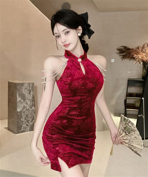 앤브리사 [무배2컬러] 겨울 벨벳 섹시 치파오 할로윈 코스튬 미니 원피스 Bj 파티 의상