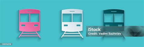 파란색 배경에 격리 된 종이 컷 기차 및 철도 아이콘 대중 교통 기호 지하철 열차 교통편 지하철 지하 종이 아트 스타일 벡터 3차원 형태에 대한 스톡 벡터 아트 및 기타