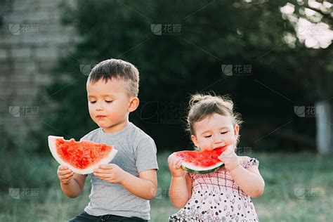 有趣的孩子吃西瓜。哥哥和妹妹在户外，坐在树桩上