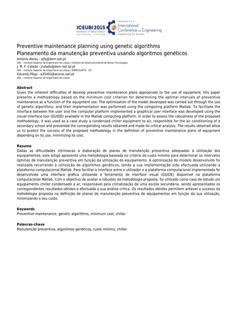 Pdf Preventive Maintenance Planning Using Genetic Algorithms Planeamento Da Manutenção
