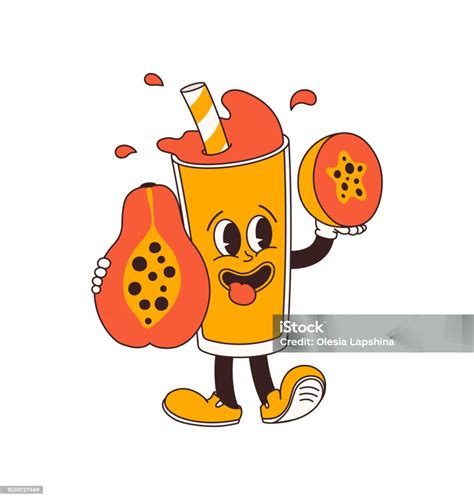 투명한 배경에 만화 만화 스타일의 파파야 주스 유리 캐릭터 복고풍 스타일의 꿀 음료의 재미있는 마스코트를 손으로 그립니다 격리된 벡터 그림 0명에 대한 스톡 벡터 아트 및
