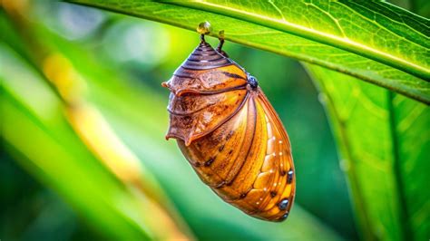 Butterfly Chrysalis Of Nymphalidae Hanging On Plant Leaf Premium Ai