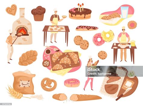 베이커리 식품 페이스트리 및 분리 된 벡터 일러스트레이션의 제품 세트 베이커 신선한 빵 덩어리 파이 케이크 밀가루 및 베이킹