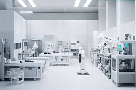 Scientific Laboratory With Robots Moving Equipment And Materials Around Sterile Room Stock