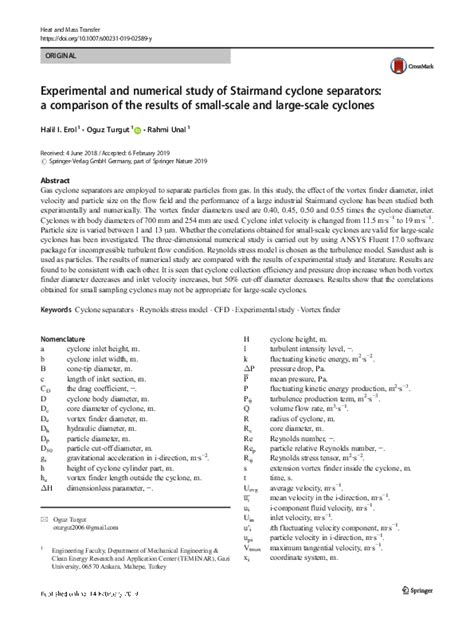 Pdf Experimental And Numerical Study Of Stairmand Cyclone Separators