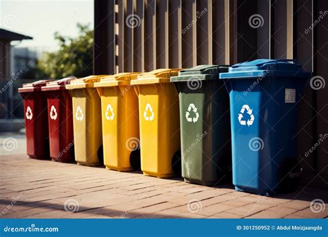 Wall Of Sustainability Recycling Bins In Varied Colors Stand Aligned