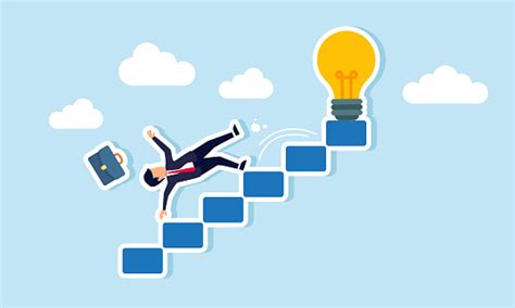 사업가가 램프로 이어지는 사다리에서 떨어지는데 이는 사업 아이디어와 혁신을 얻고 적용하려는 시도의 실패를 나타냅니다 개념에 대한 스톡 벡터 아트 및 기타 이미지 Istock