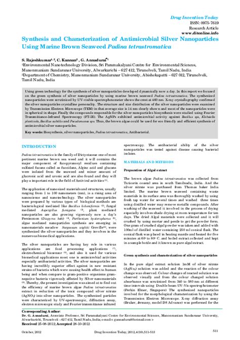 Pdf Synthesis And Characterization Of Antimicrobial Silver Nanoparticles Using Marine Brown