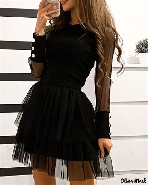Olivia Mark Sheer Mesh Button Overlay Dress Dress Sleeve Length