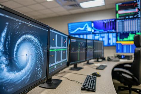 High Tech Control Room With Multiple Screens Displaying Data Analytics