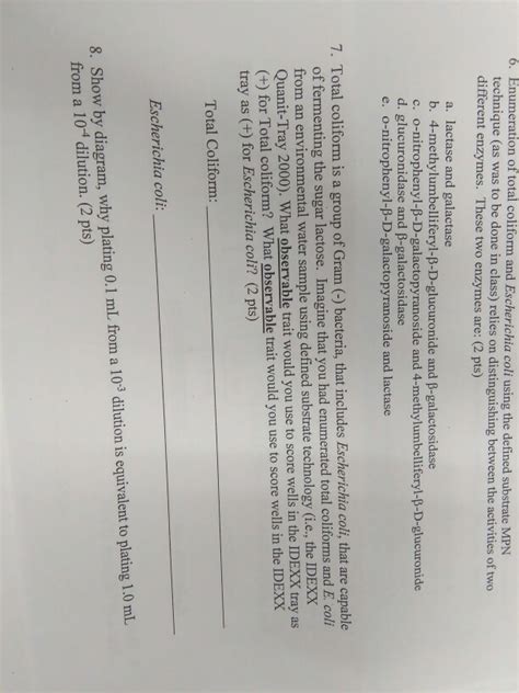 Solved 6 Enumeration Of Total Coliform And Escherichia Coli