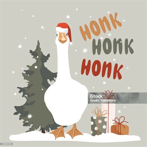 산타 클로스 도우미 모자 선물 상자 경적경적경적 글자가 분리 된 디자인 요소에 흰 거위 재미 있고 귀여운 거위 전체 길이 벡터 일러스트 레이 션 산타 모자에 대한 스톡 벡터