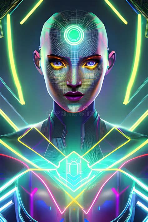 girl in virtual reality outlined glowing illustration stock