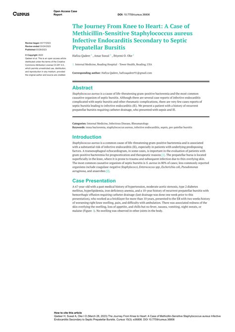 Pdf The Journey From Knee To Heart A Case Of Methicillin Sensitive Staphylococcus Aureus