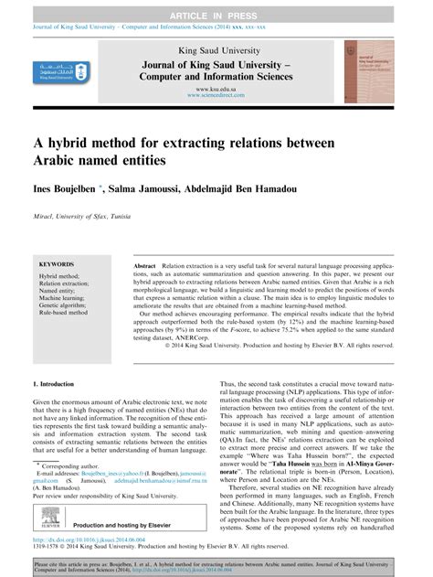 Pdf A Hybrid Method For Extracting Relations Between Arabic Named