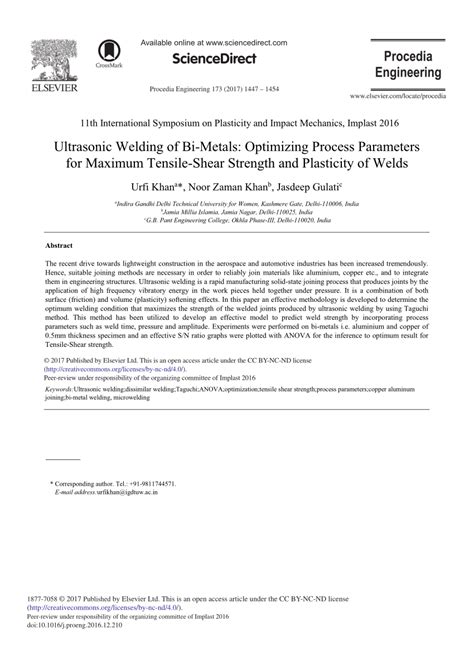 Pdf Ultrasonic Welding Of Bi Metals Optimizing Process Parameters For Maximum Tensile Shear