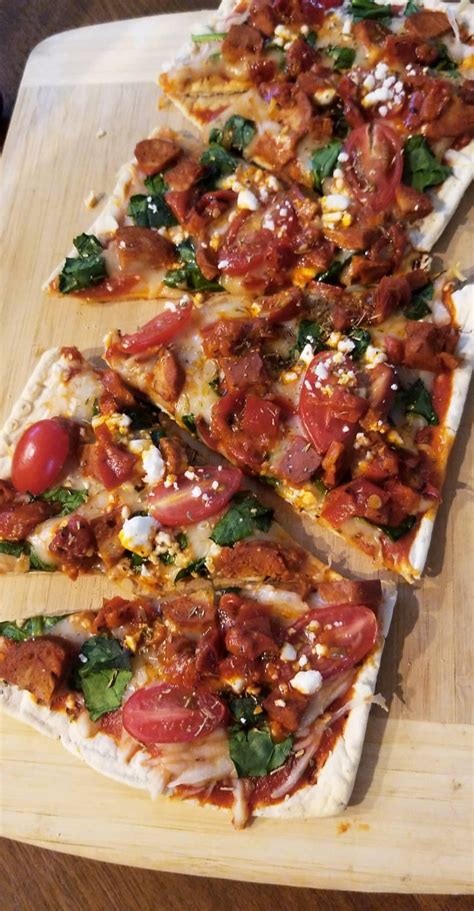[homemade] Roasted Red Pepper Flatbread Pizza With Chorizo And Feta R Food